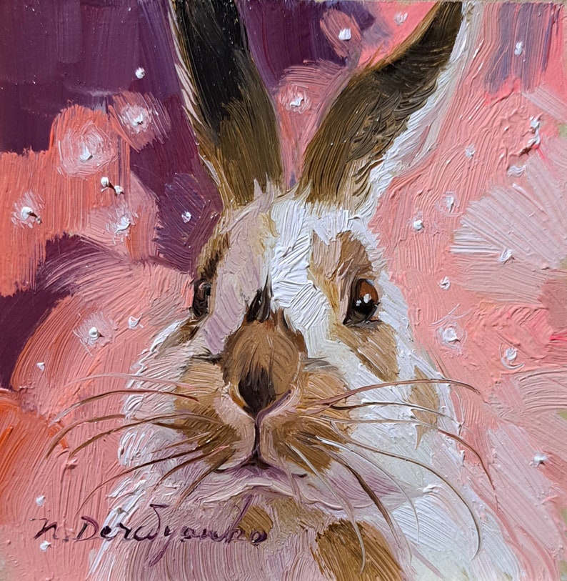 Beige White Rabbit Painting Original Pink Backgroung Art - Etsy