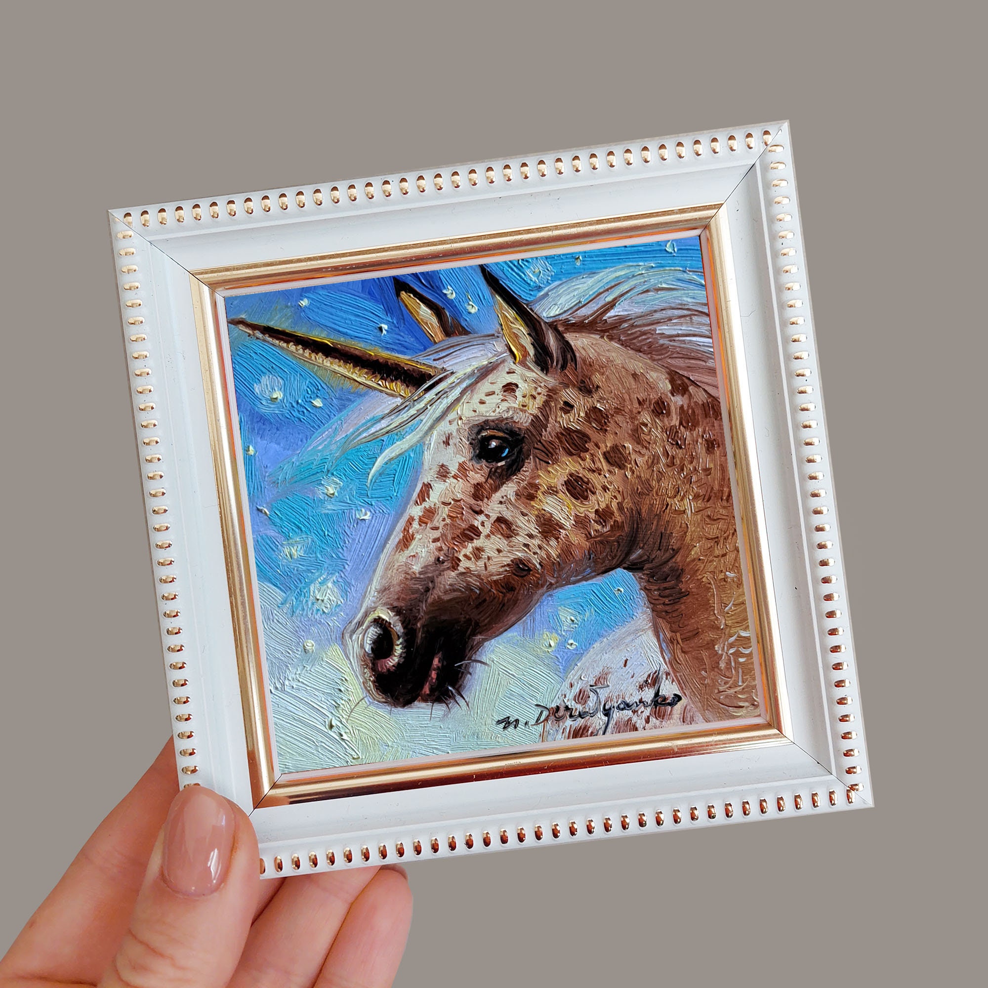 Unicorn Oil Painting Original, Small Animal Painting 4x4 Framed Artwork ...