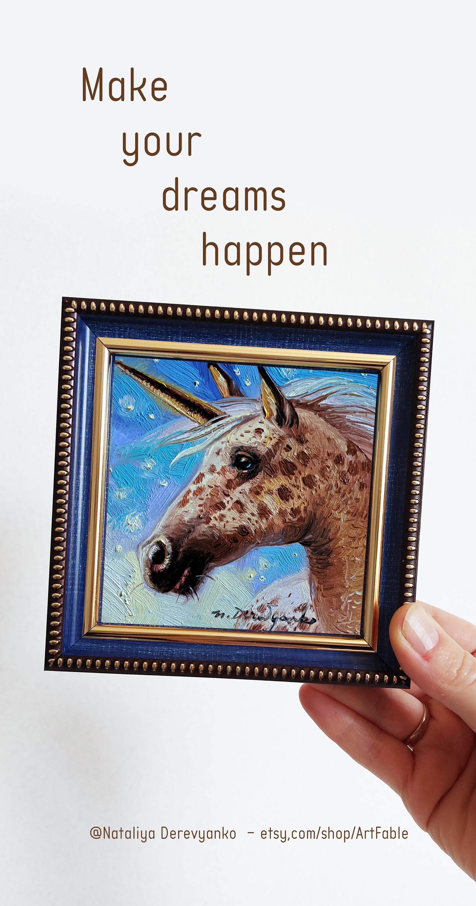 Unicorn Oil Painting Original, Small Animal Painting 4x4 Framed Artwork ...