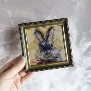 Cute Rabbit Painting Original Framed 4x4, Small Framed Art Black Rabbit ...