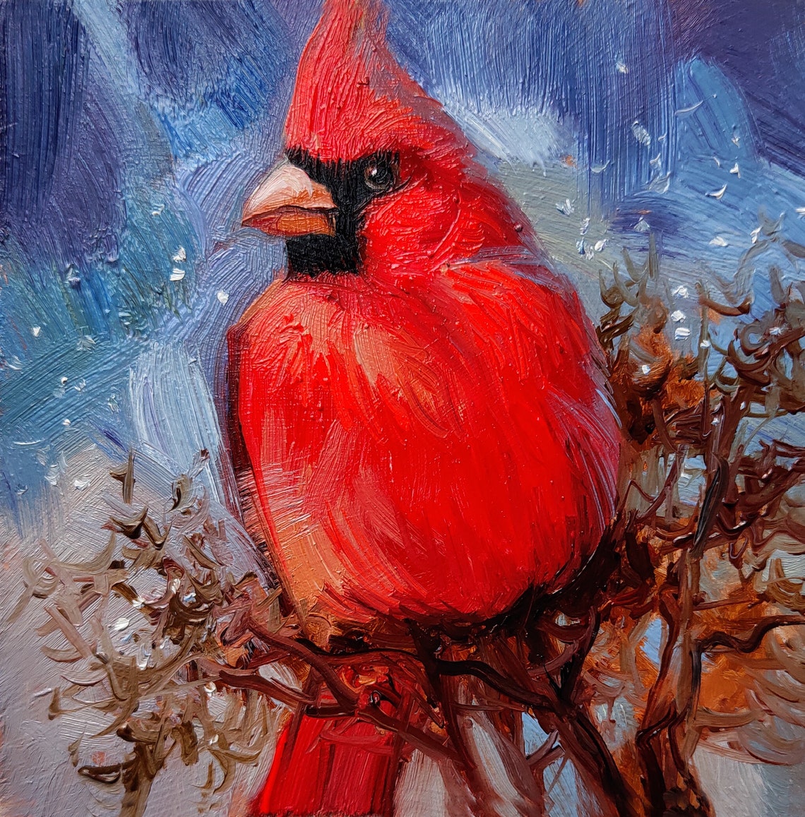 Cardinal Red Bird Oil Painting Original 4x4 Framed Artwork | Etsy