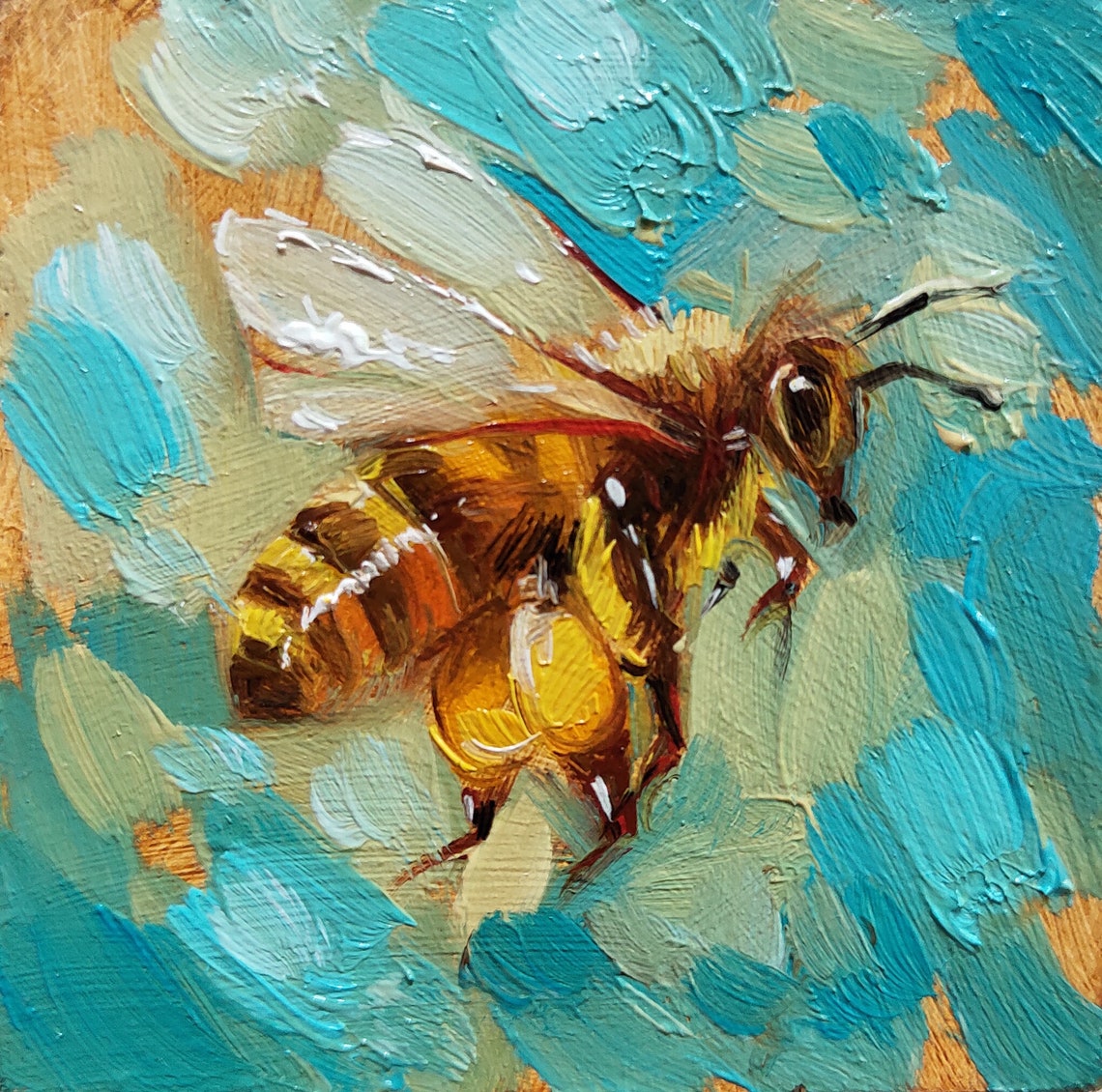 Bee Painting Oil Original 2x2 Mini Bee Artwork Turquoise | Etsy