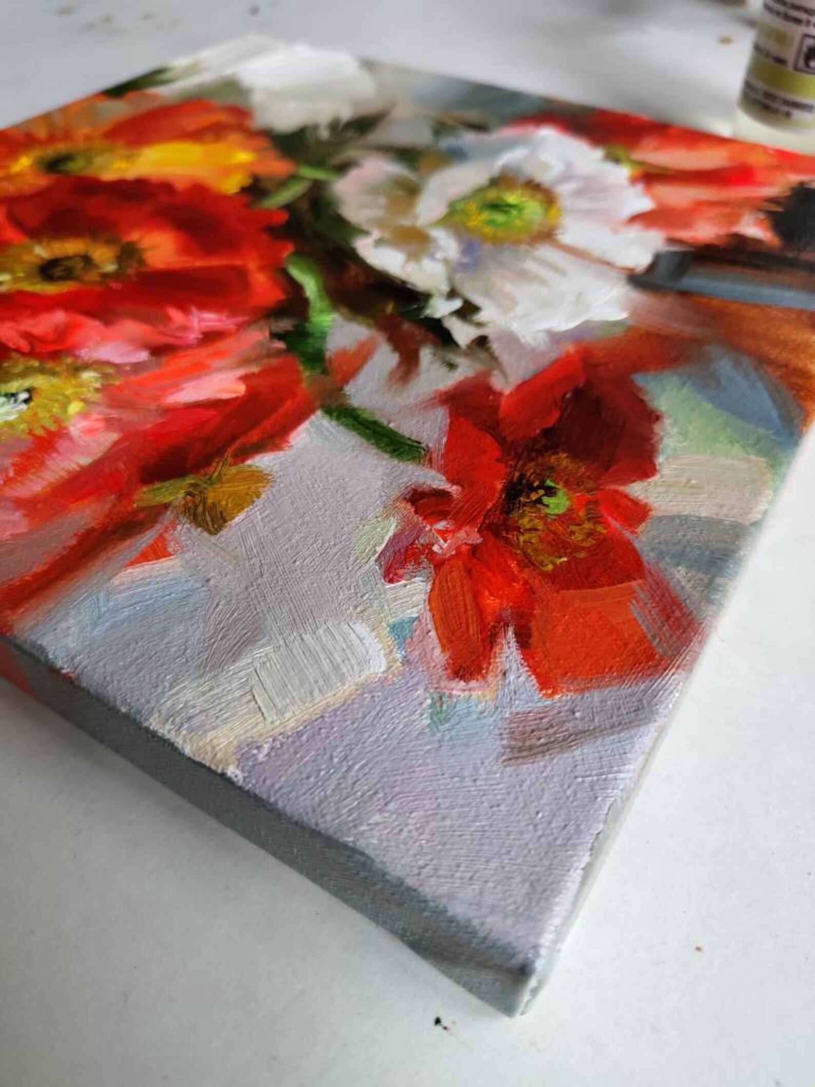 Poppy painting original art on canvas 8x8 Red flower oil | Etsy