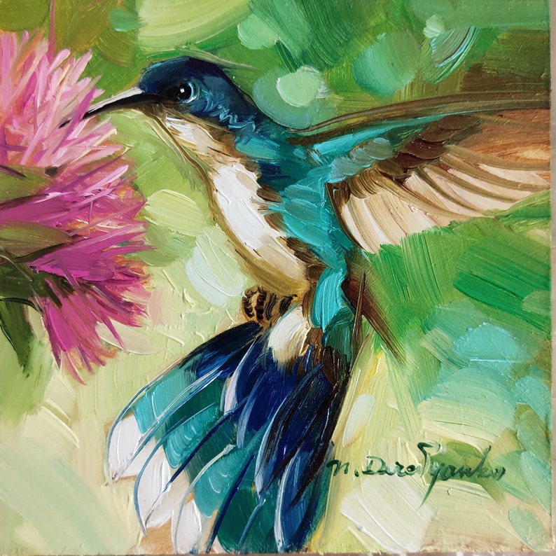 Hummingbird Painting Original Oil Art 4x4 in Blue Frame Bird - Etsy