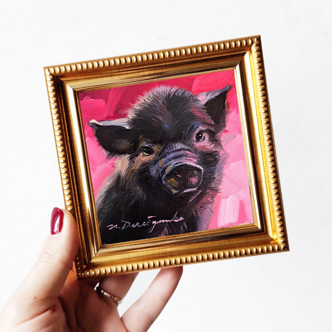 Pig Painting Original Framed 4x4, Small Oil Painting Hot Pink Pig ...