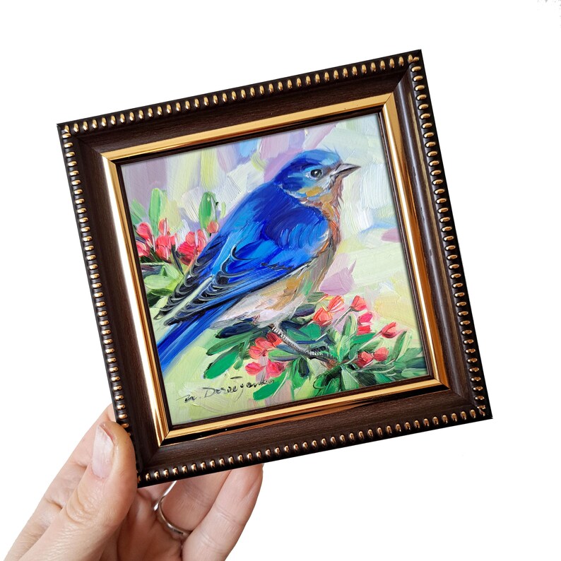 Original Bluebird Oil Painting, Framed 4x4 Inch Miniature Wall Art - Etsy