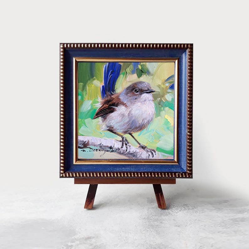 Fairywren Art Bird Oil Painting Original 4x4, Miniature Bird Art Small ...