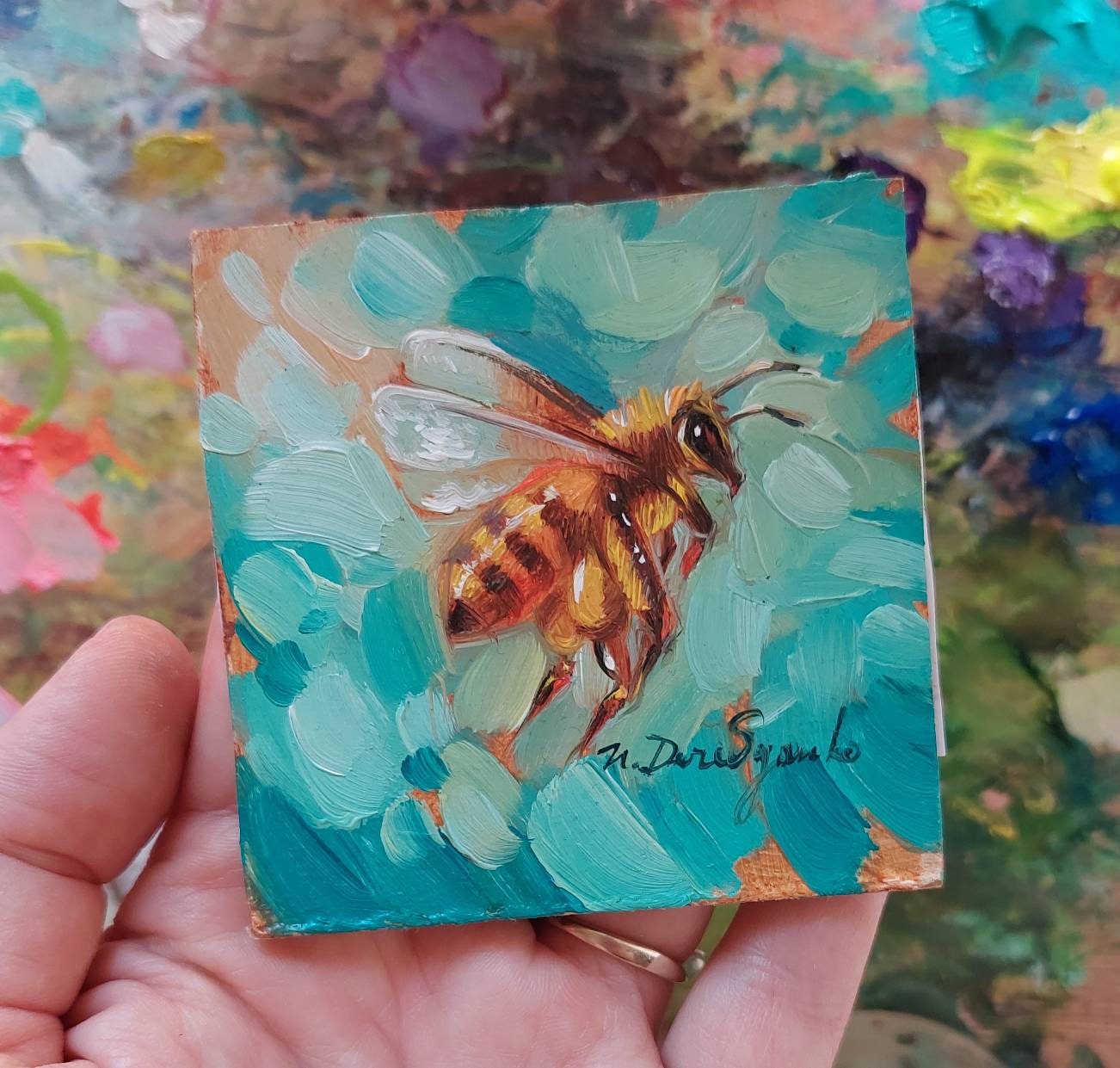 Bee Painting Oil Original 3x3, Mini Bee Artwork Turquoise Framed, Honey ...