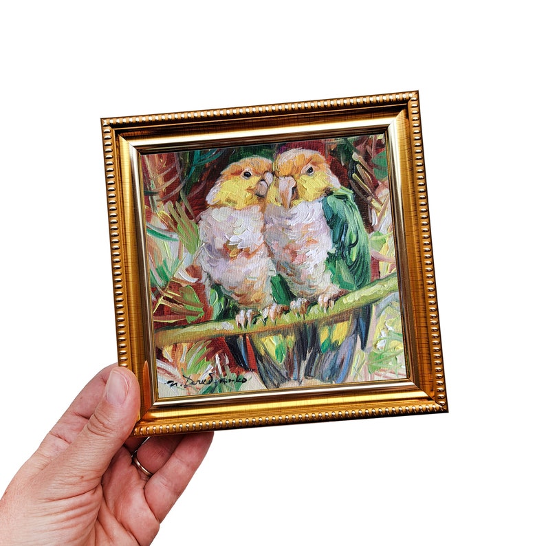 Parrot Birds Painting Original Oil Art Framed 5x5 Inch, Small Canvas ...
