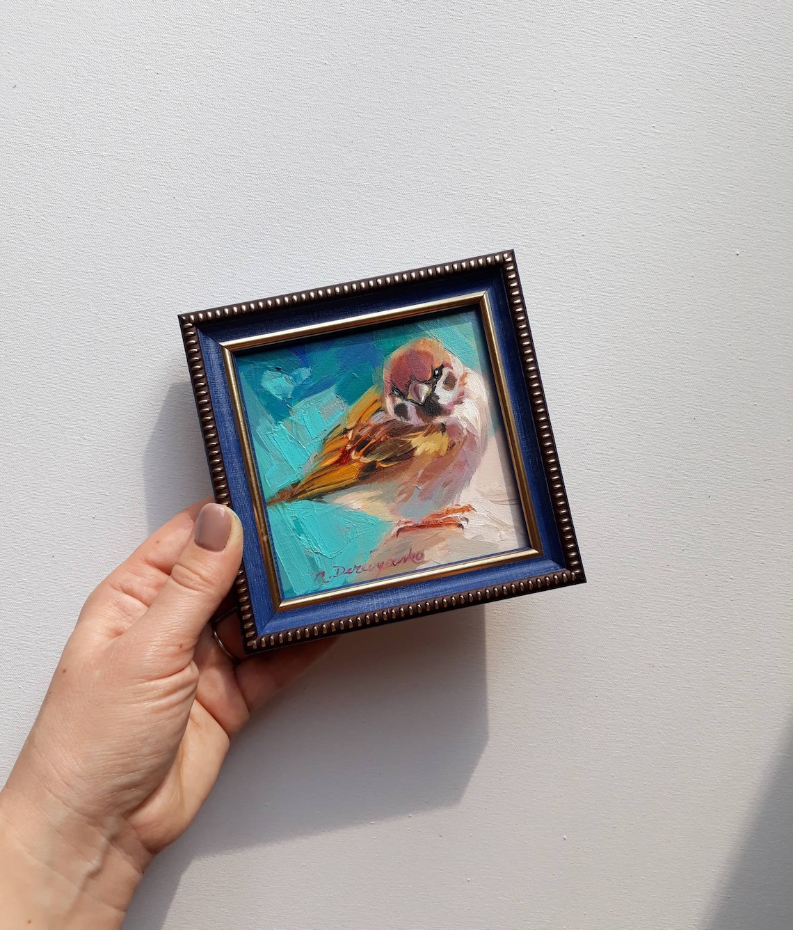 Sparrow art oil framed Small bird painting original in frame | Etsy