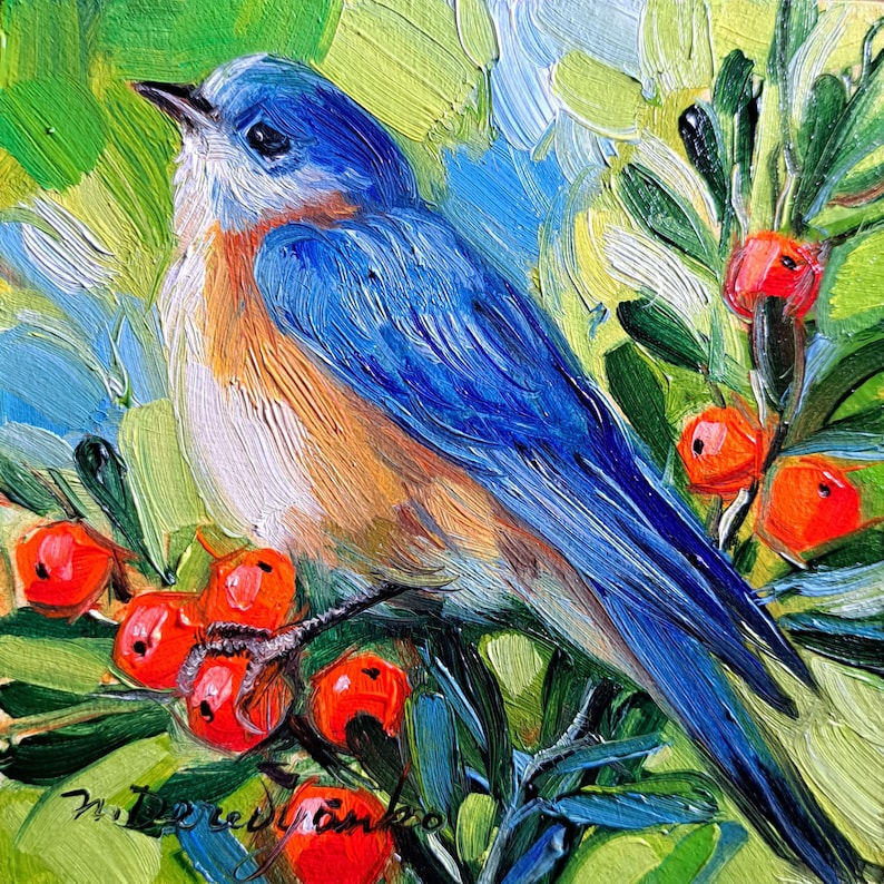 Original Oil Painting Bluebird Art, Framed Small Wall Art ...