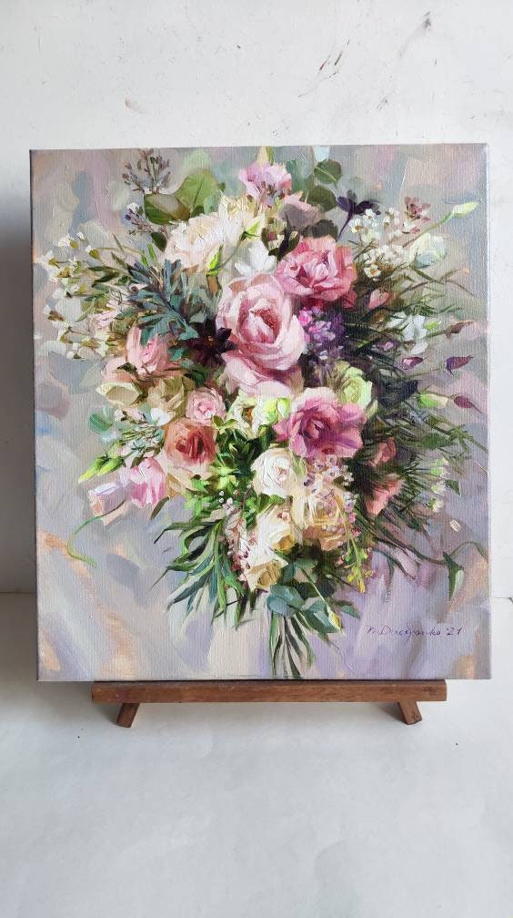 Bridal flowers portraits painting canvas original art Custom | Etsy