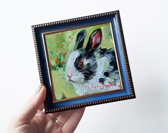 Cute Rabbit Painting Original Oil Framed 4x4 Small Framed Art | Etsy