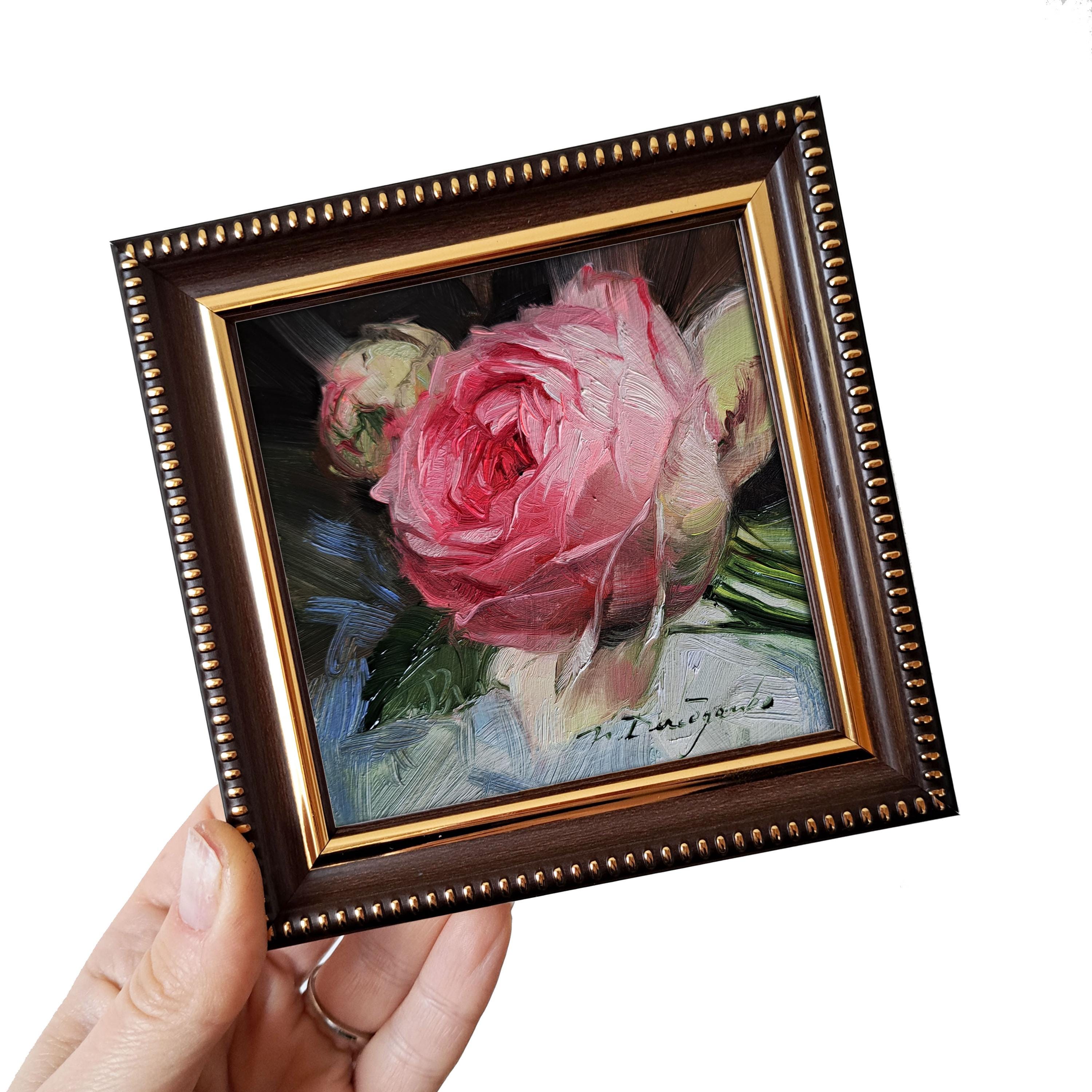 Rose Painting Original Pink Art 4x4, Small Oil Painting Flower Vibrant ...