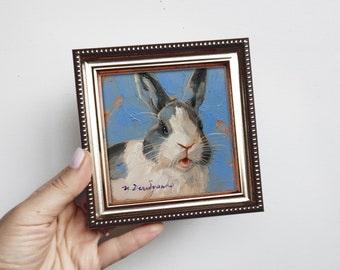 Cute Rabbit Painting Original Oil Framed 4x4 Small Animal Art - Etsy