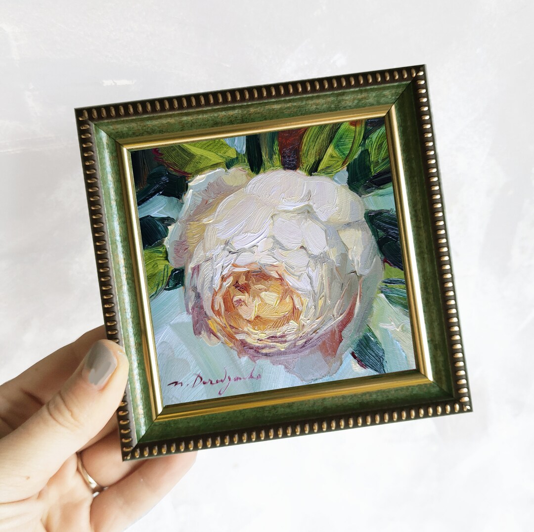 Rose Flower Oil Painting Original Small Framed Art, Floral Painting 4x4 ...