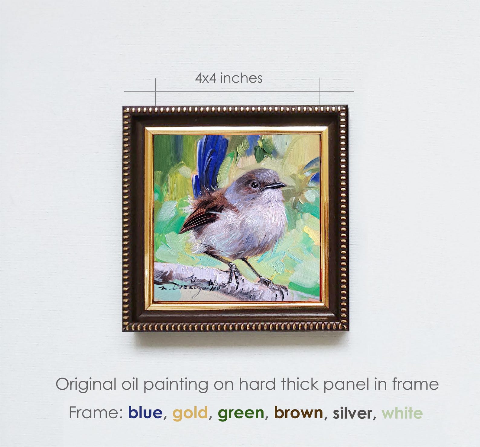 Fairywren Art Bird Oil Painting Original 4x4, Miniature Bird Art Small ...