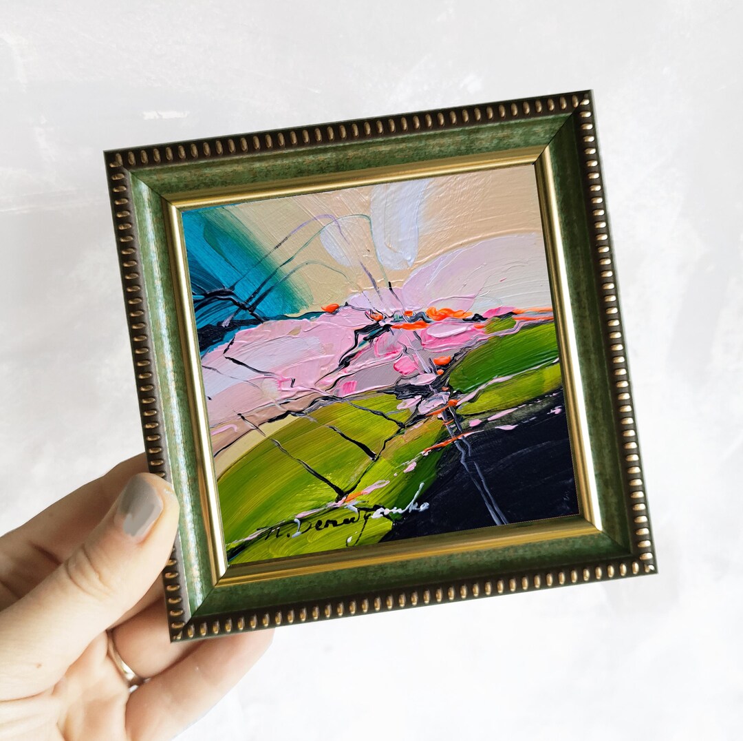 Green Miniature Abstract Painting Small Framed Art, Original Oil ...