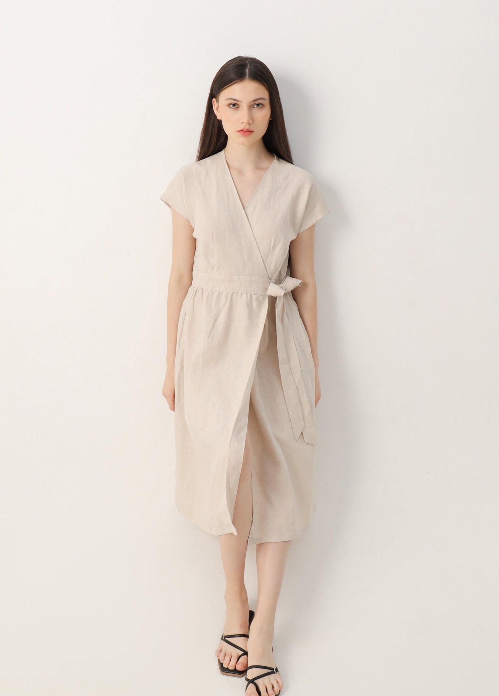 Tie- Waist Wrap Linen Dress, Beige, Natural Color Linen Dress - Etsy