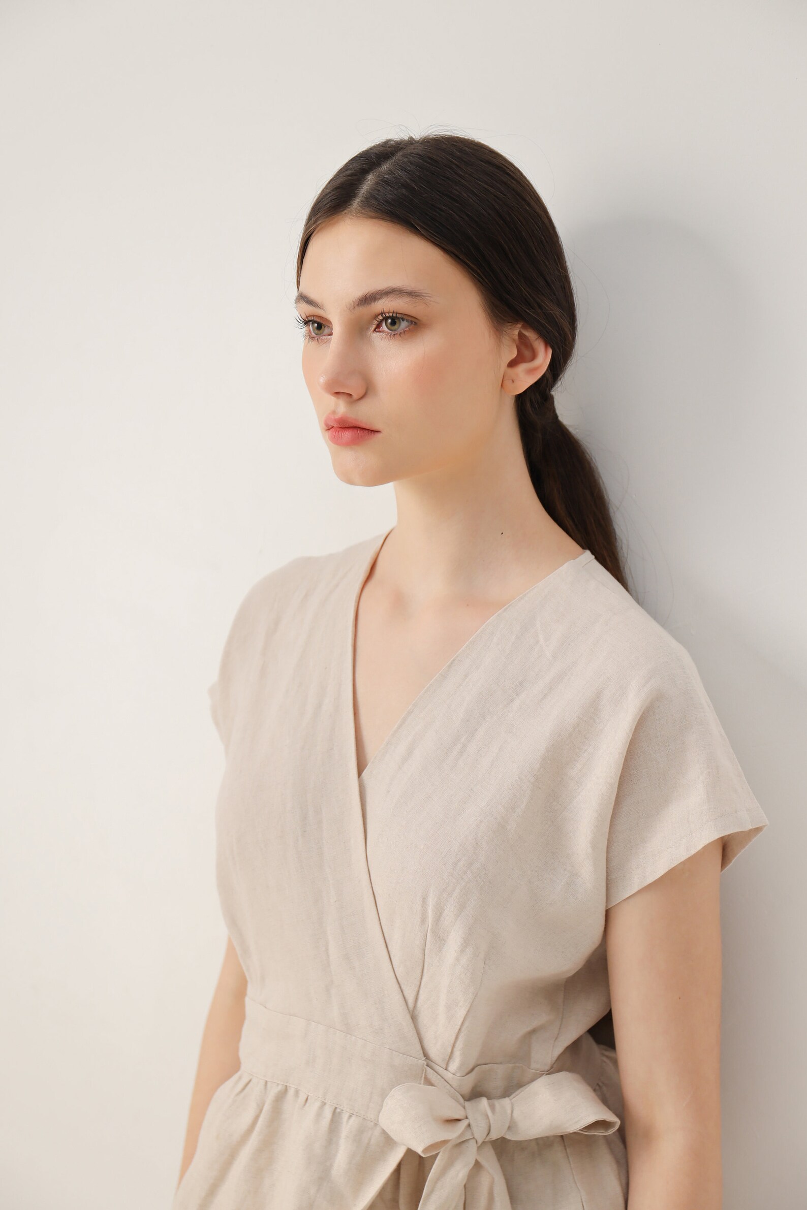Tie Waist Wrap Linen Dress, Beige, Natural Color Linen Dress - Etsy