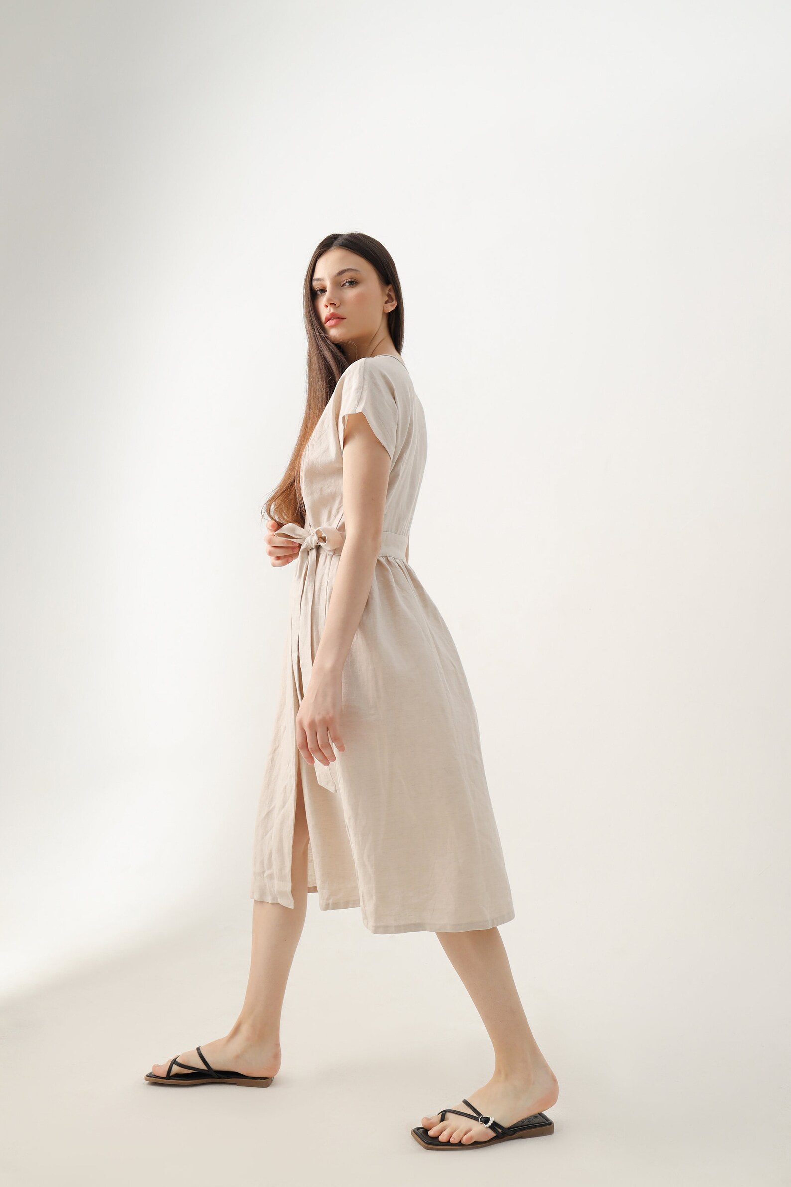 Tie Waist Wrap Linen Dress, Beige, Natural Color Linen Dress - Etsy