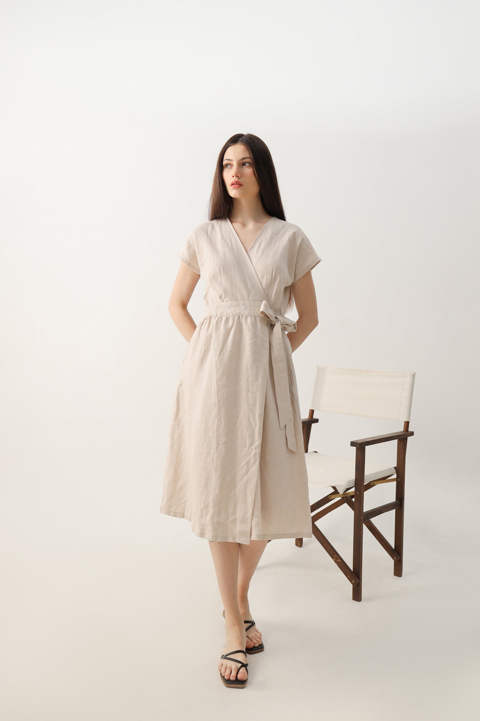 Tie Waist Wrap Linen Dress, Beige, Natural Color Linen Dress - Etsy