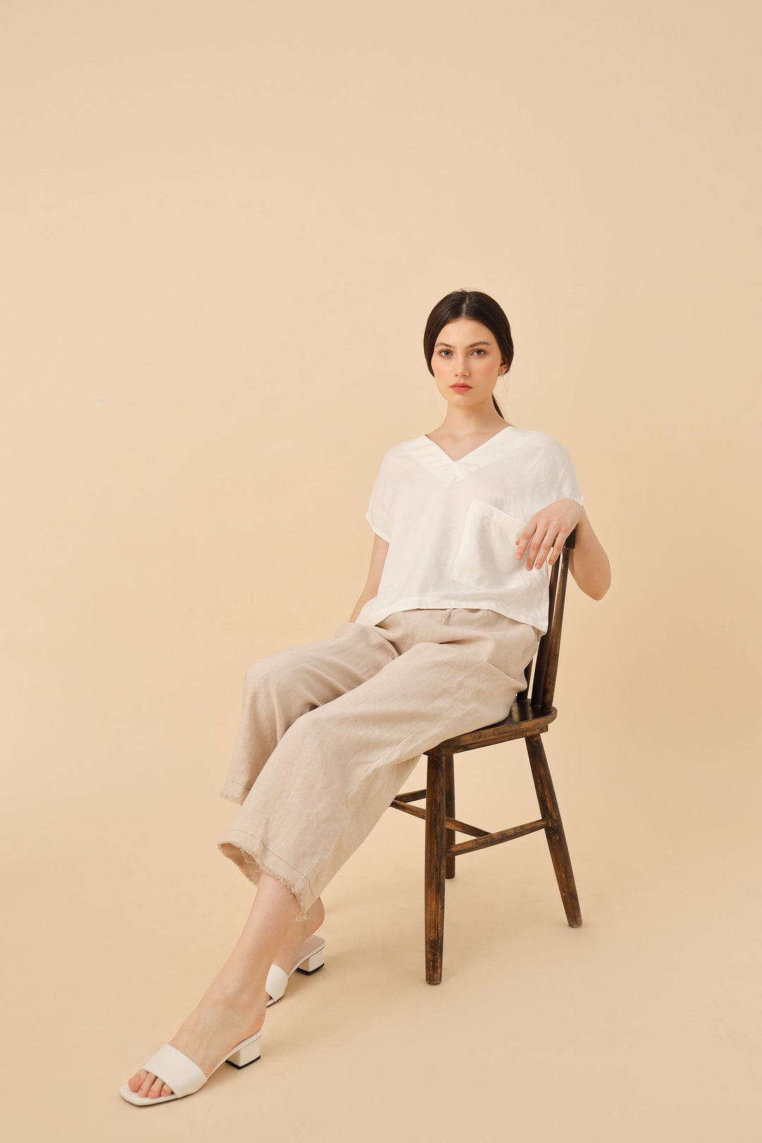 A Linen Set of Linen Top and Tie Waist Fringe Hem Pants - Etsy