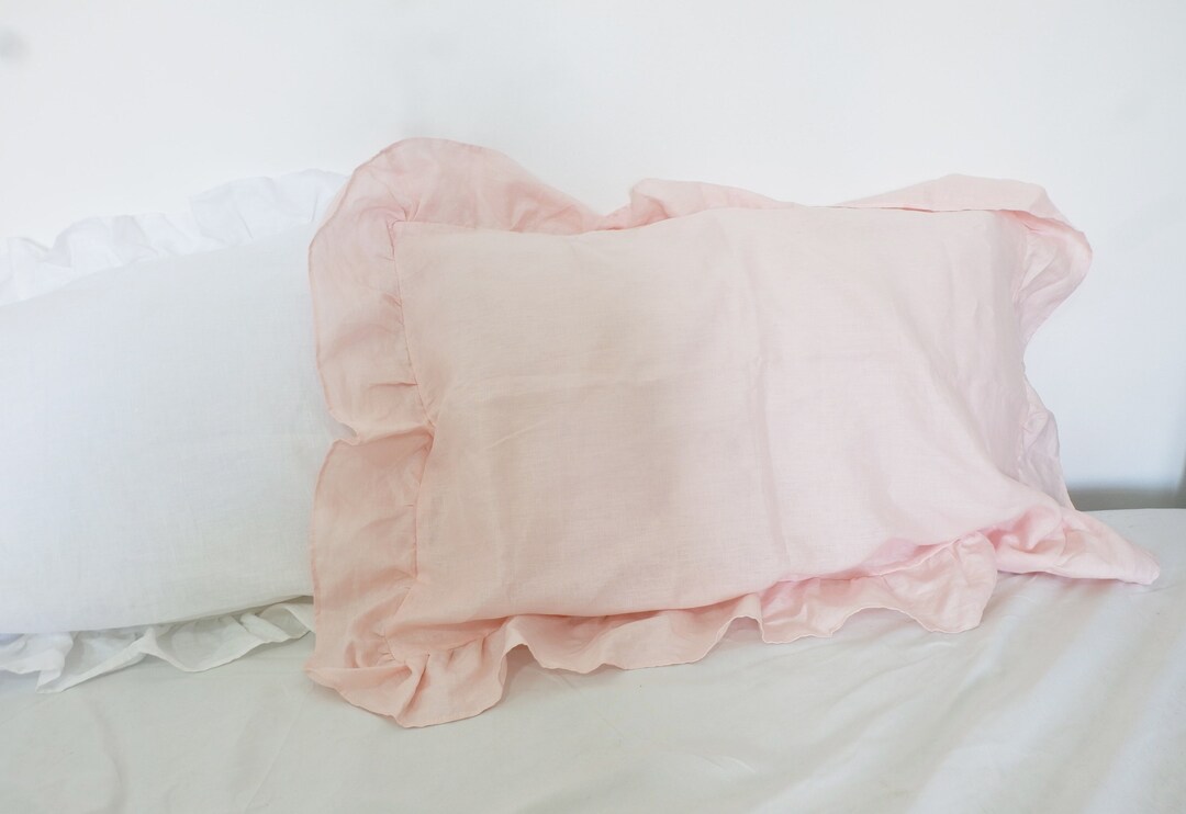 Set of 2 Pink Natural Linen Ruffle Pillowcases , Pink Ruffle Pillow ...