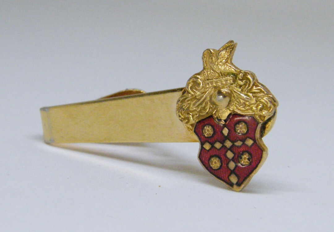 Vintage Rich Red Enamel Shield & Fancy Crest Tie Clip Elegant Gold-tone ...