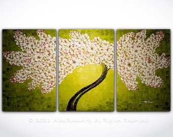 Triptych Tree Painting ORIGINAL Abstract Red Cherry Blossom Tree Palette Knife Thick Texture ...