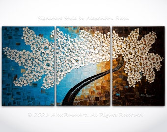 Triptych Tree Painting ORIGINAL Abstract Red Cherry Blossom Tree Palette Knife Thick Texture ...