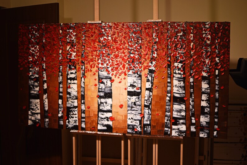 Triptych Tree Painting ORIGINAL Abstract Red Birch Trees Palette Knife ...
