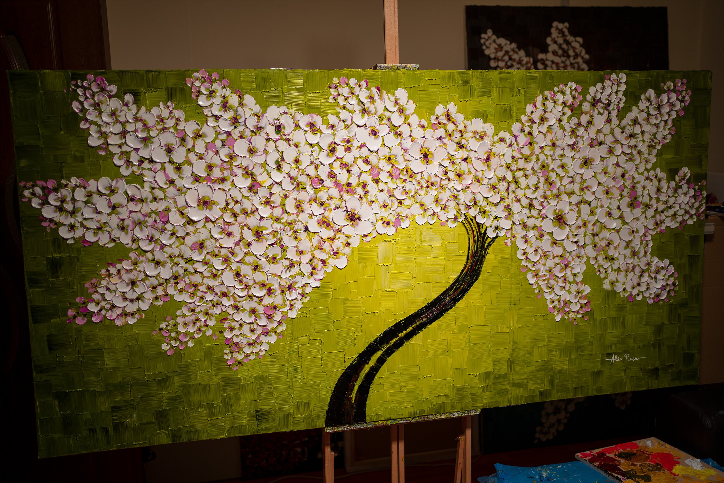 Triptych Tree Painting ORIGINAL Abstract Pink Cherry Blossom Tree Palette Knife Thick Texture ...