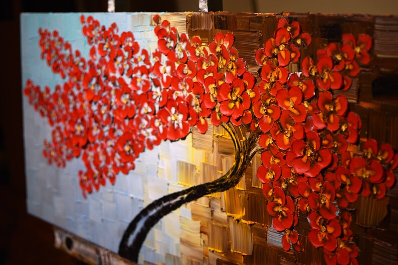 Triptych Tree Painting ORIGINAL Abstract Red Cherry Blossom Tree ...