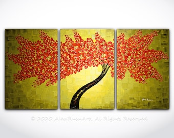 Triptych Tree Painting ORIGINAL Abstract Red Cherry Blossom Tree Palette Knife Thick Texture ...