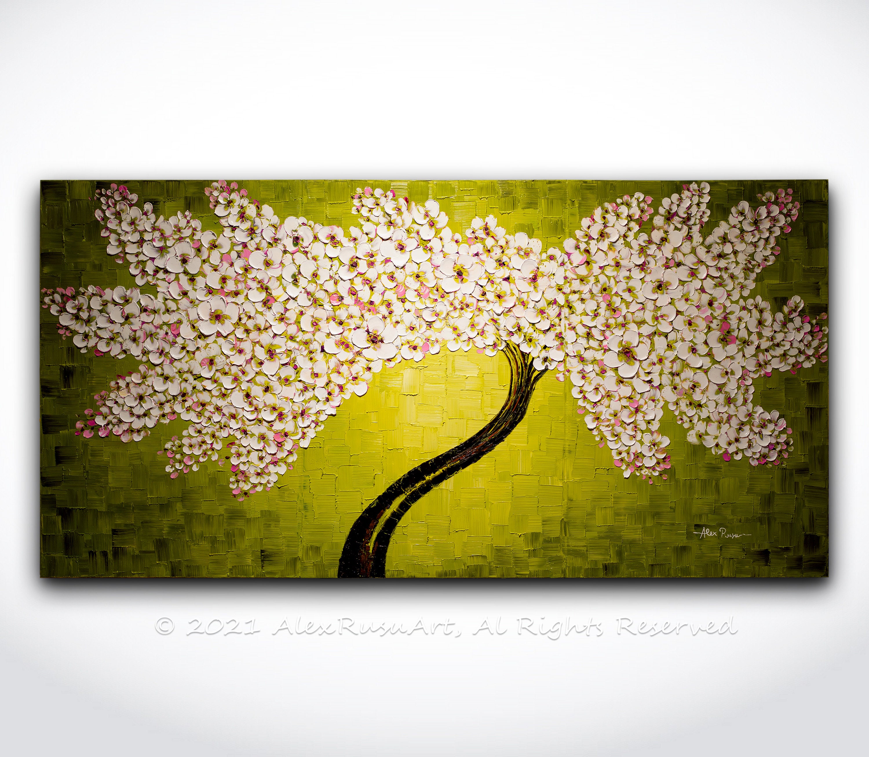 Triptych Tree Painting ORIGINAL Abstract Pink Cherry Blossom Tree Palette Knife Thick Texture ...