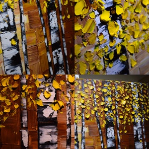 Triptych Tree Painting ORIGINAL Abstract Yellow Birch Trees Palette Knife Thick Texture ...