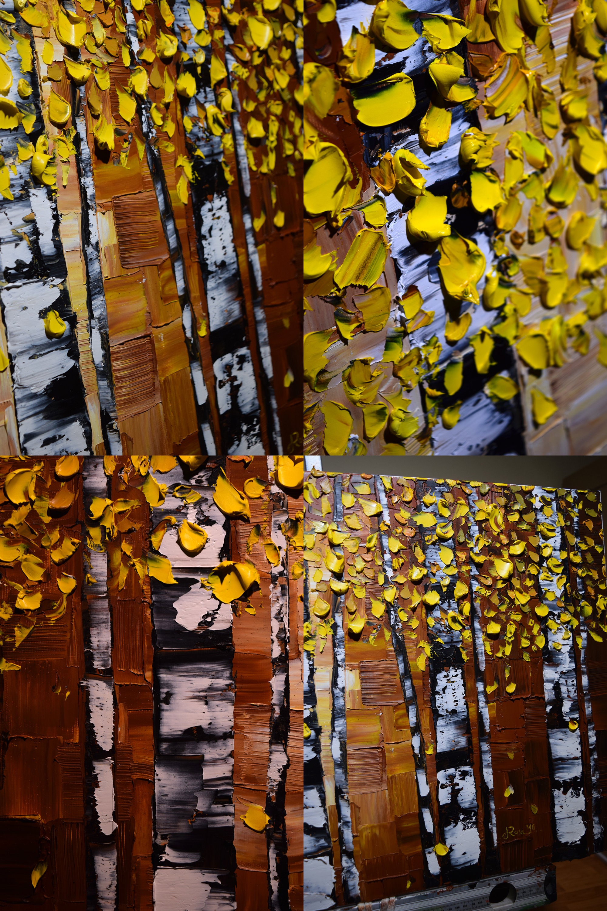 Triptych Tree Painting ORIGINAL Abstract Yellow Birch Trees Palette Knife Thick Texture ...