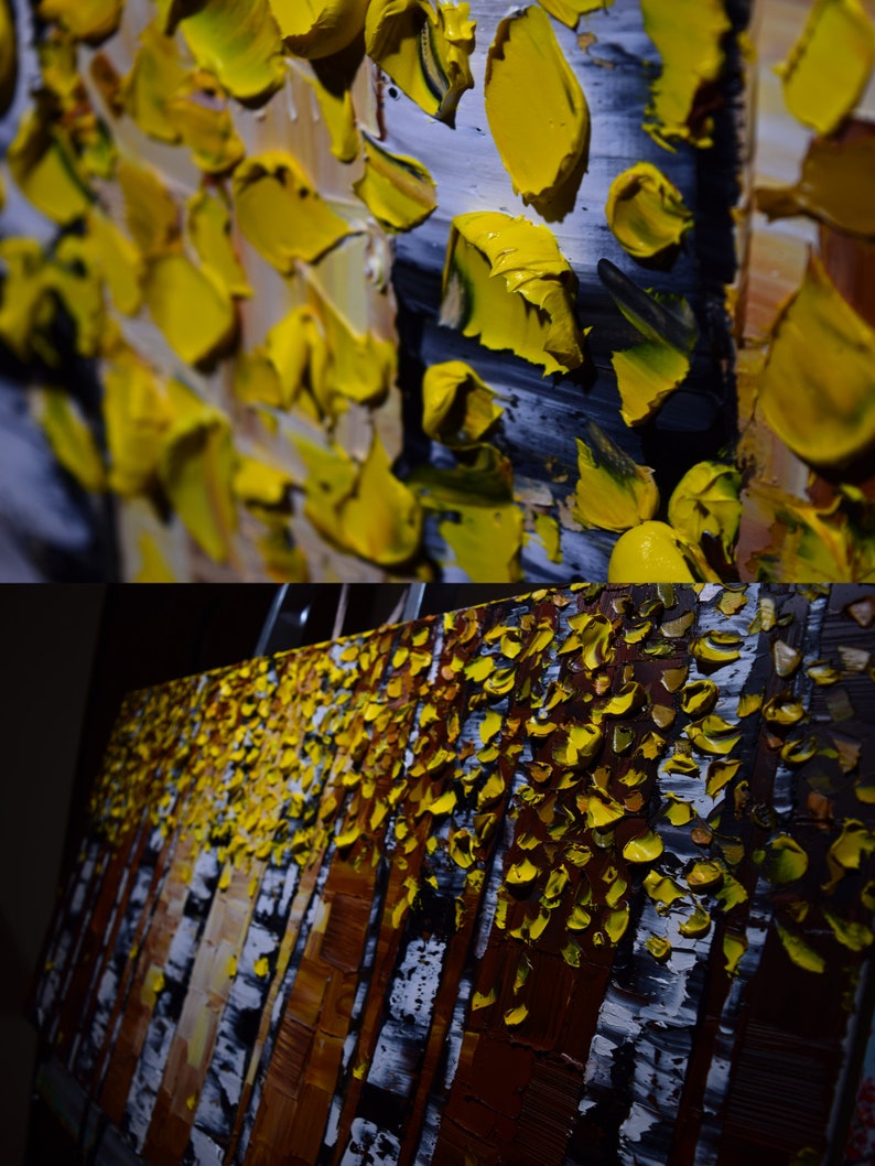 Triptych Tree Painting ORIGINAL Abstract Yellow Birch Trees Palette Knife Thick Texture ...