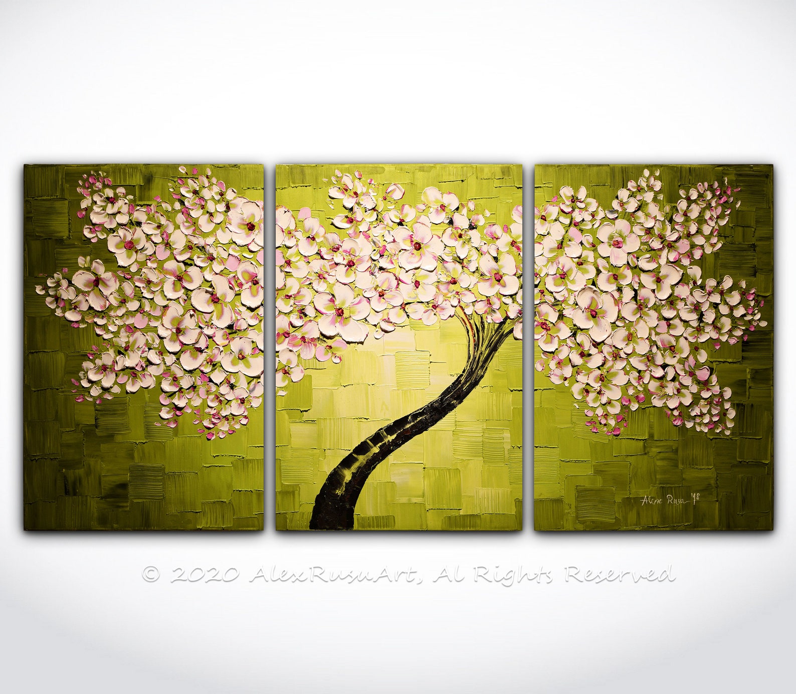 Triptych Tree Painting ORIGINAL Abstract Pink Cherry Blossom | Etsy