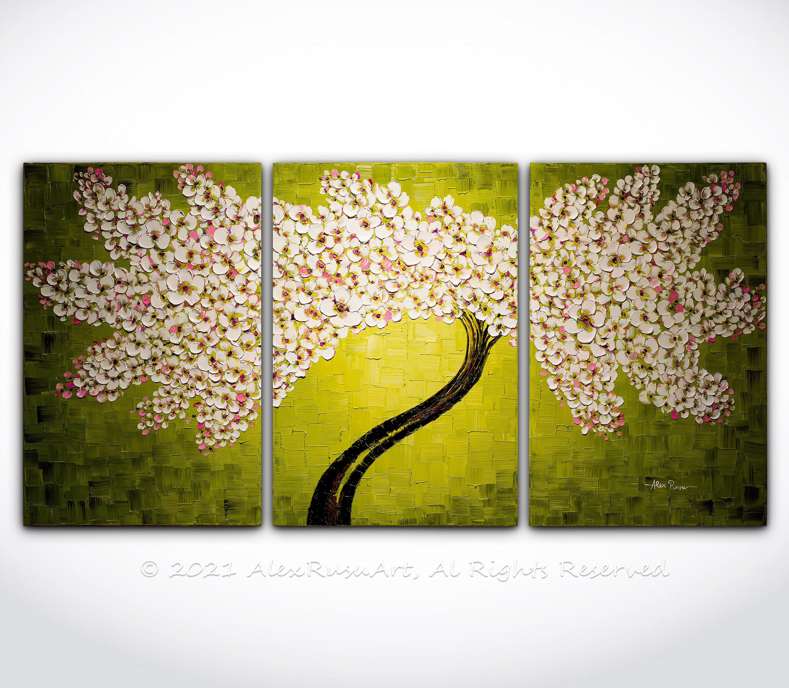 Triptych Tree Painting ORIGINAL Abstract Pink Cherry Blossom Tree ...