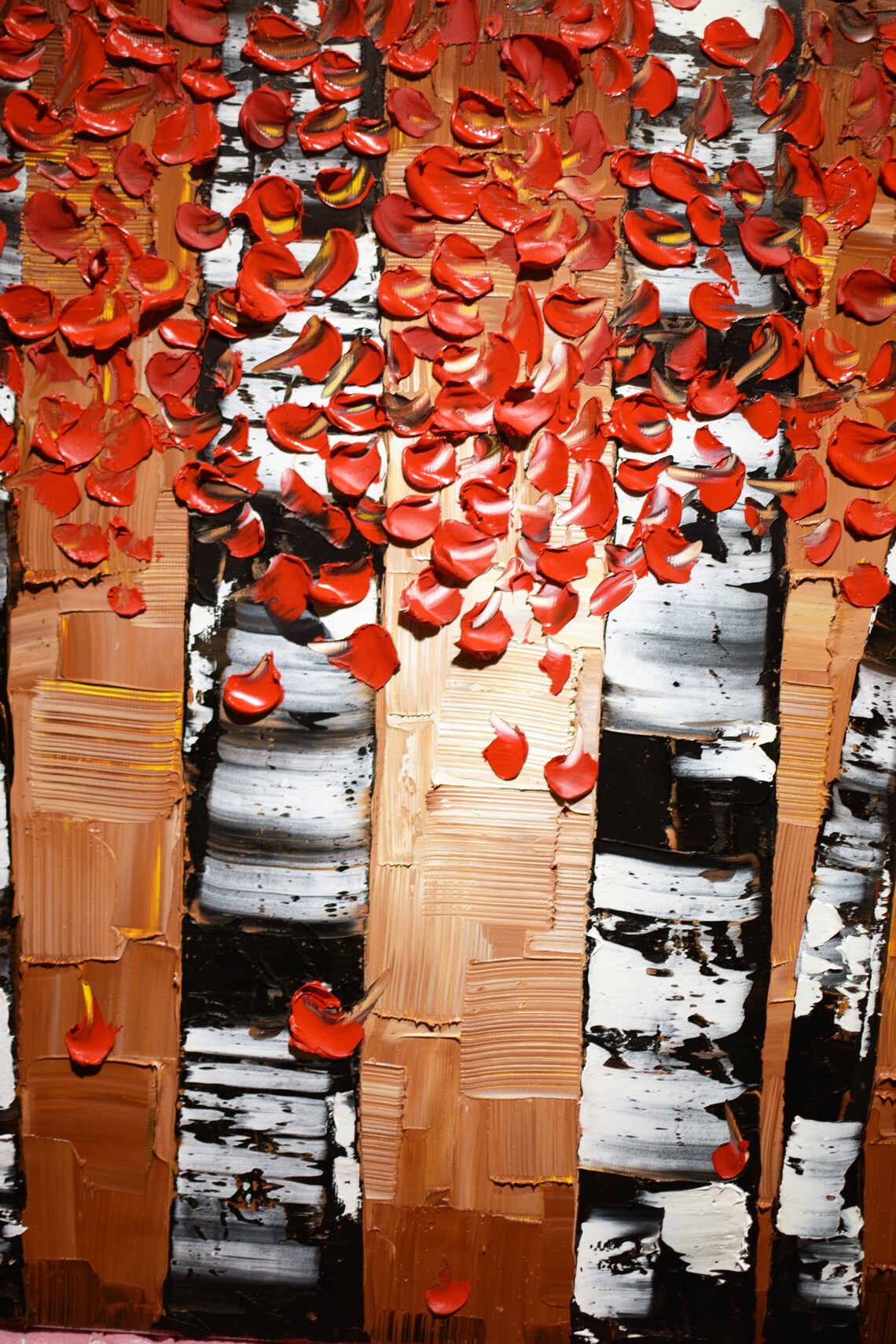 Abstract Red Birch Trees ORIGINAL Painting Impasto Aspen Landscape Oil ...