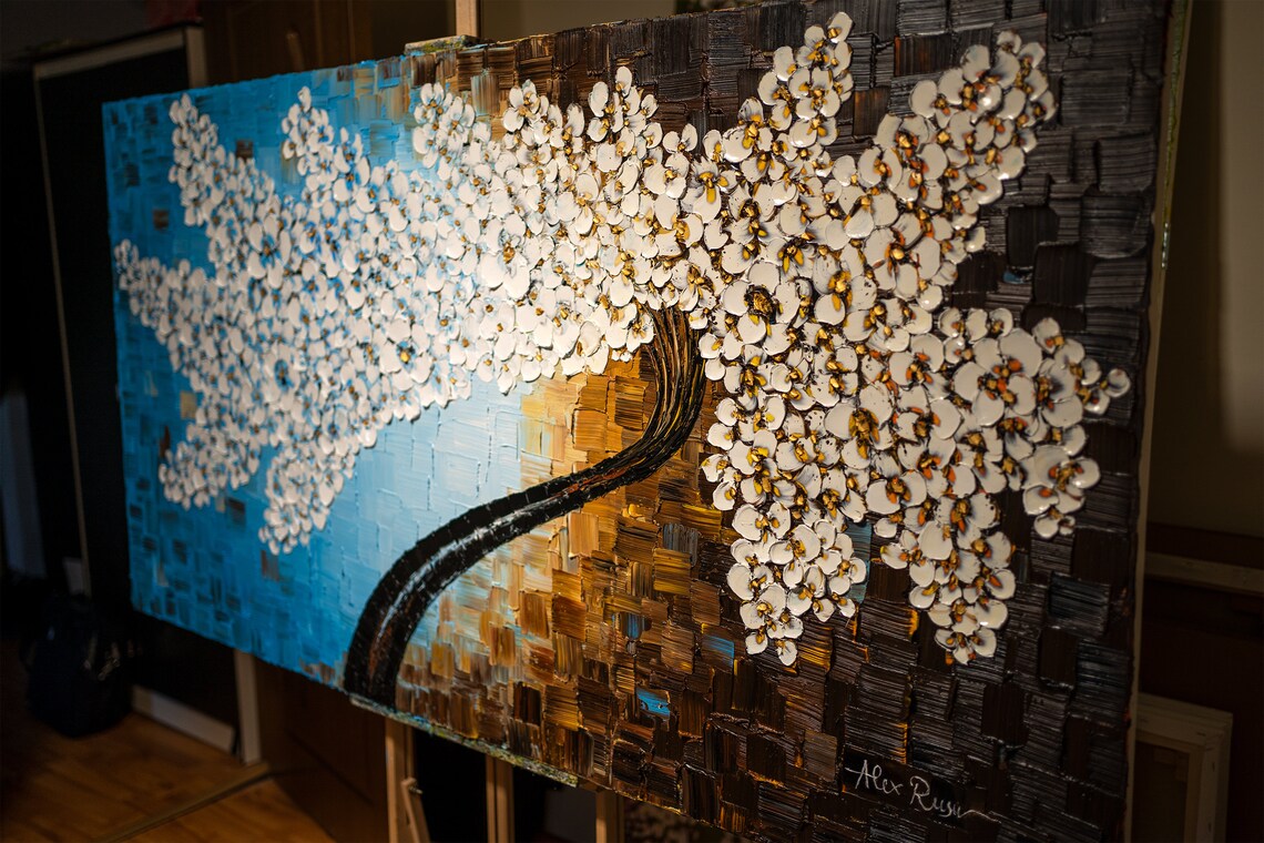 Triptych Tree Painting ORIGINAL Abstract White Cherry Blossom Tree ...