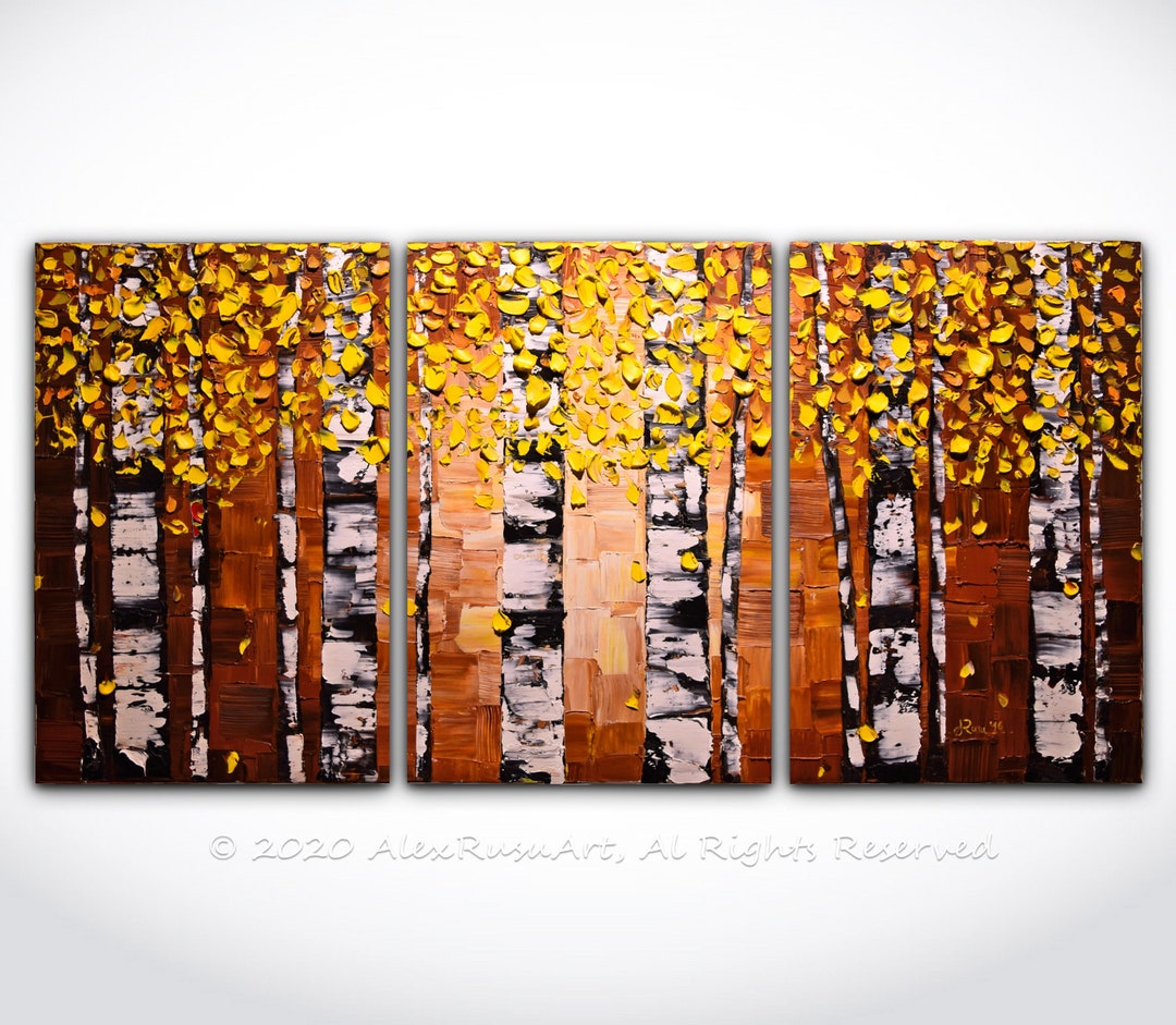 Triptych Tree Painting ORIGINAL Abstract Yellow Birch Trees Palette Knife Thick Texture ...