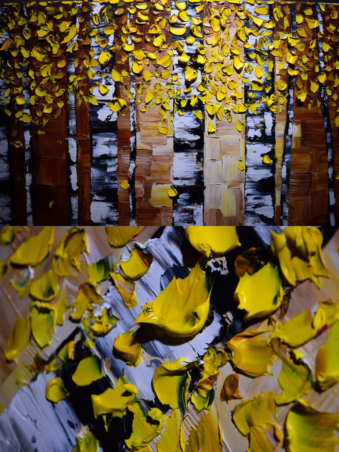 Triptych Tree Painting ORIGINAL Abstract Yellow Birch Trees Palette Knife Thick Texture ...