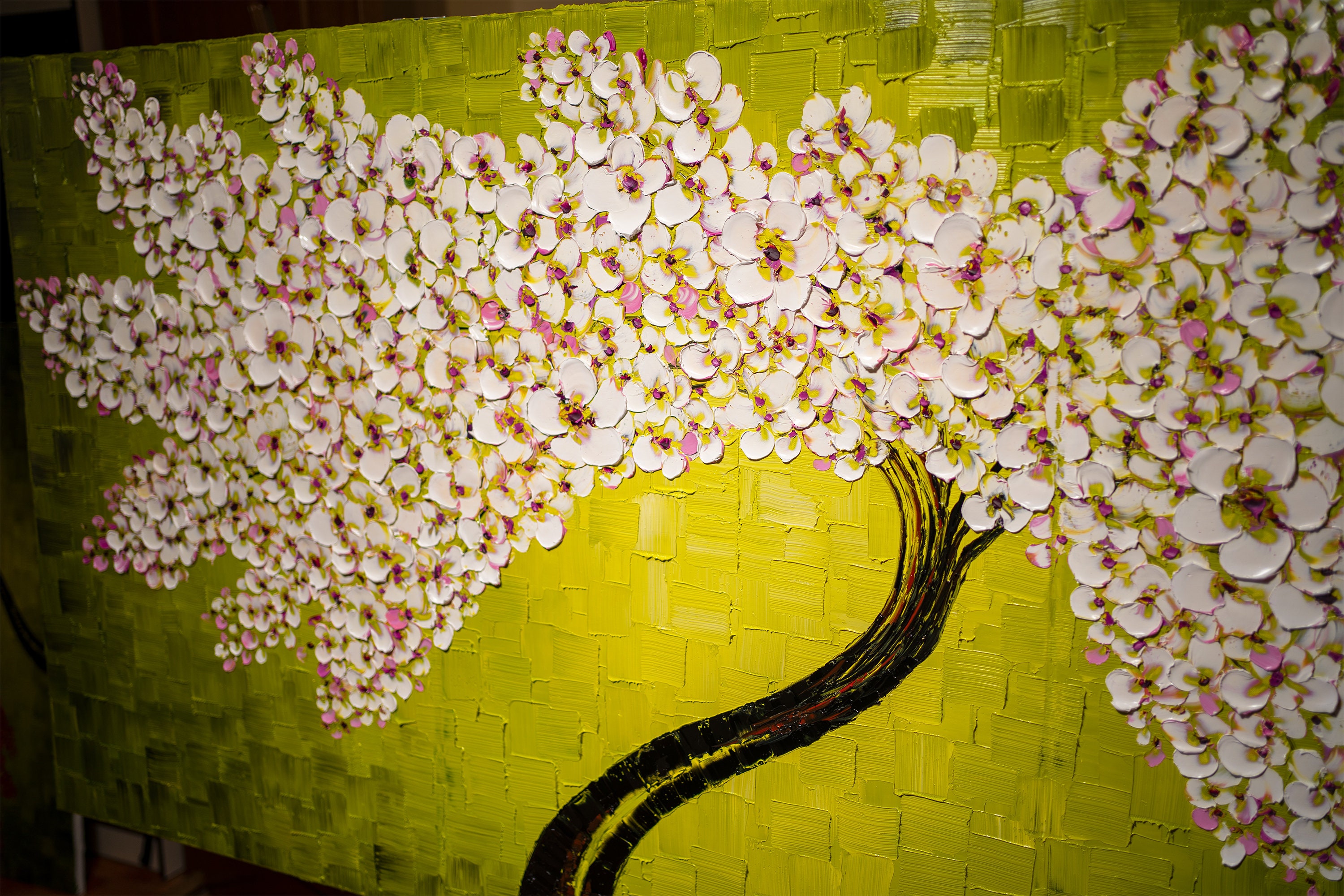 Triptych Tree Painting ORIGINAL Abstract Pink Cherry Blossom Tree Palette Knife Thick Texture ...