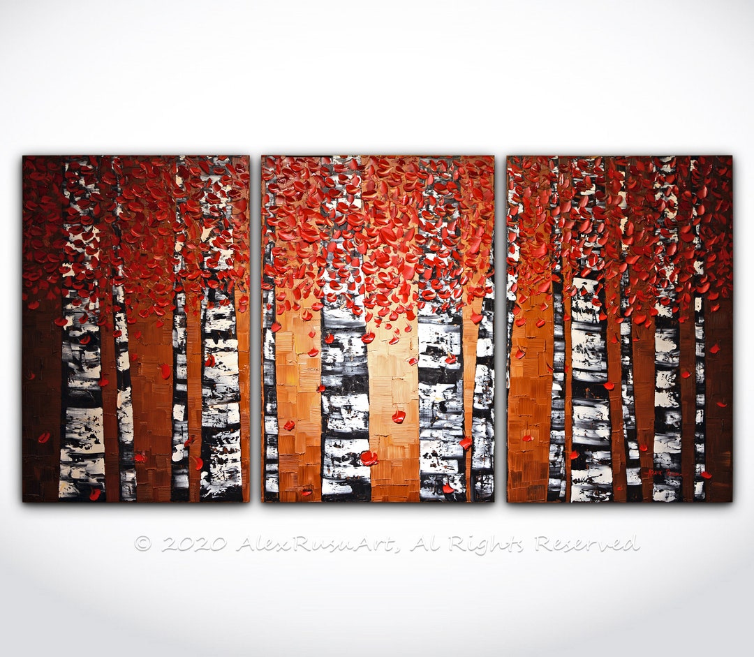 Triptych Tree Painting ORIGINAL Abstract Red Birch Trees Palette Knife ...