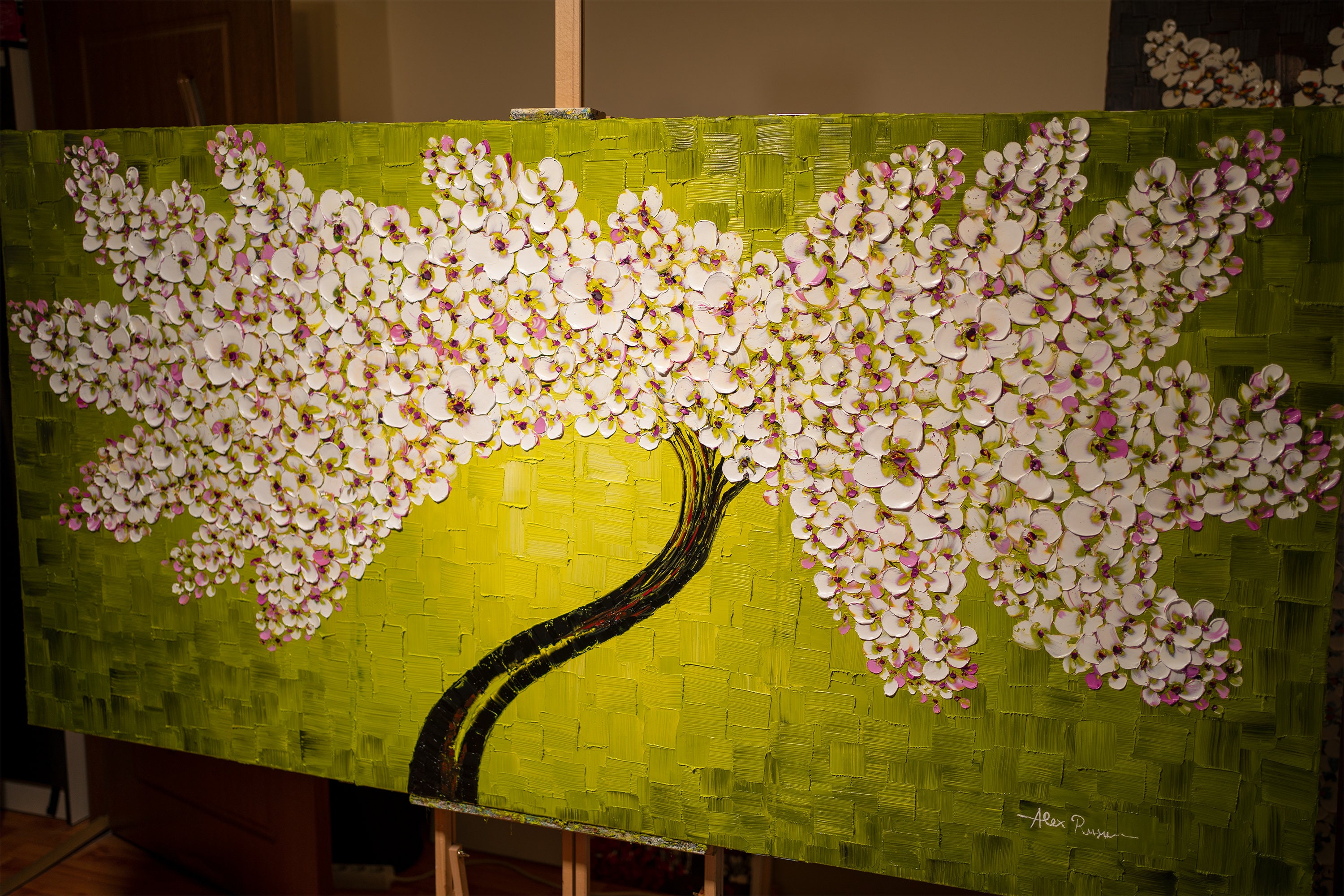 Triptych Tree Painting ORIGINAL Abstract Pink Cherry Blossom Tree Palette Knife Thick Texture ...