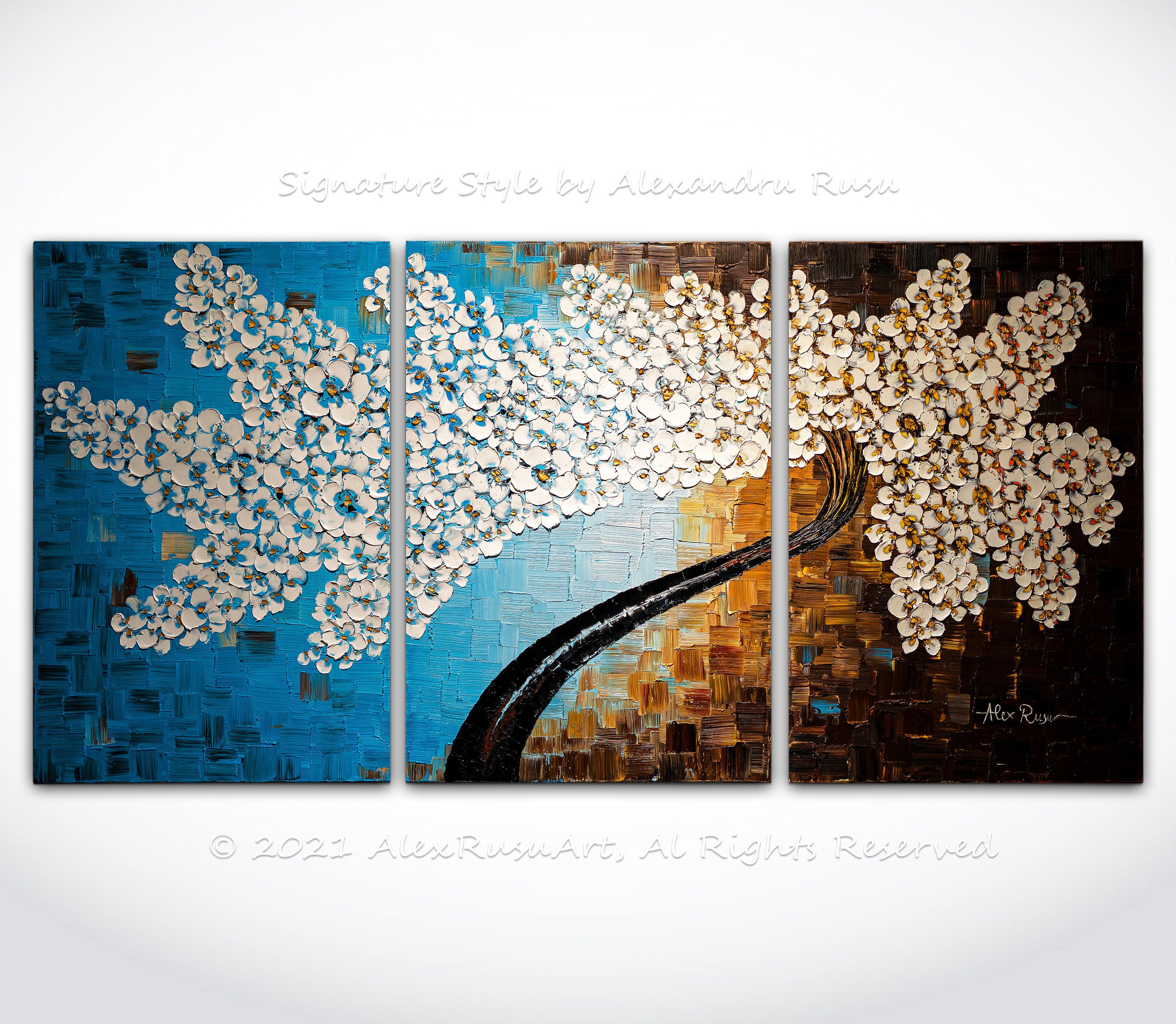 Triptych Tree Painting ORIGINAL Abstract White Cherry Blossom Tree ...