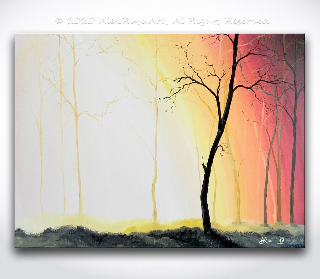 Forest Sunset Oil Painting ORIGINAL Large Contemporary Brigh Grass Tree ...